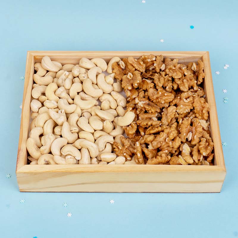 Send Walnuts and Cashews in Wooden Tray Gift Pack Online | Rakhibazaar.com