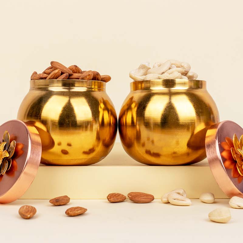 Send Dry Fruits with Golden Containers Gift Pack Online | Rakhibazaar.com