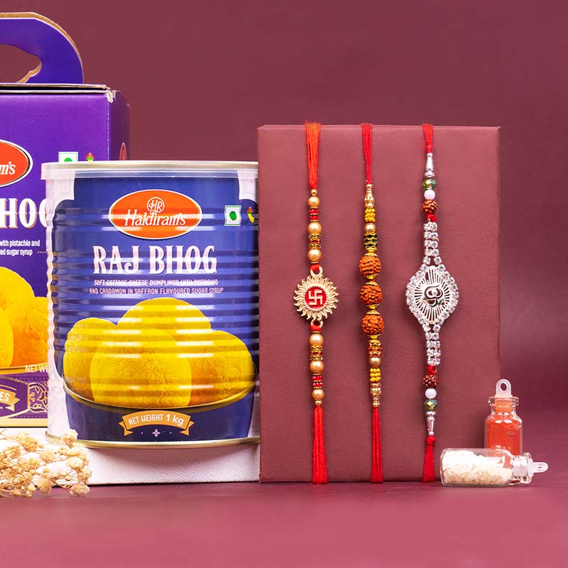 Send Set of 3 Rakhis with Haldiram Raj Bhog Online | Rakhibazaar.com