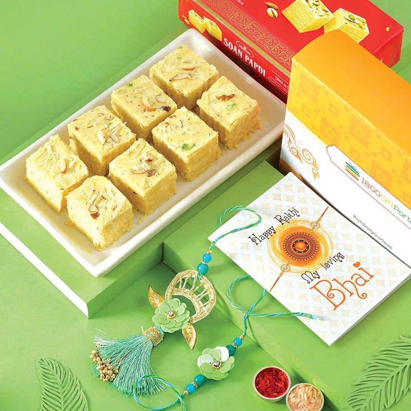 Send Joyful Bond with Soan Rakhi and Sweets to USA Online | Rakhibazaar.com